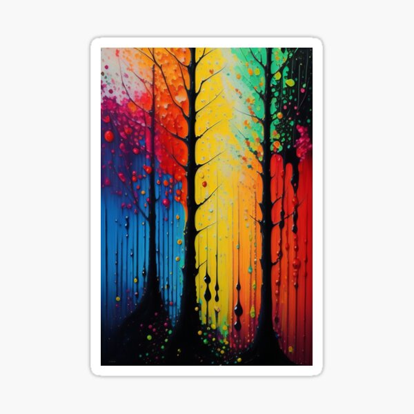 "Very colourful abstract drip and splatter painting of trees" Sticker ...