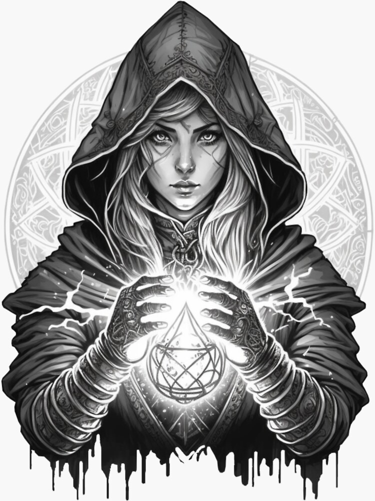 "A hooded female elven mage stands before you, her slender fingers ...