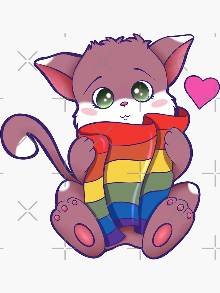 "Pride Cat Kawaii Neko Kitty holding a LGBTQ+ Flag with Love" Sticker ...