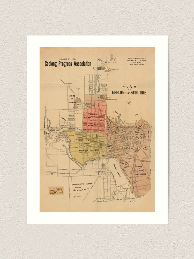 "Vintage Map of Geelong and it's Suburbs, Victoria, Australia, 1909 ...