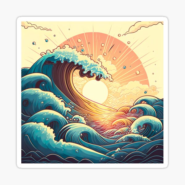 "Waves in Sunset Illustration" Sticker for Sale by batunorbi | Redbubble