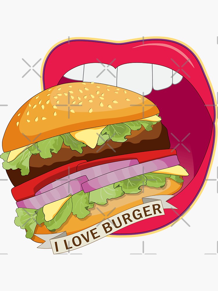 Woman Open Mouth Eating Burger I Love Cheeseburger Sticker For Sale