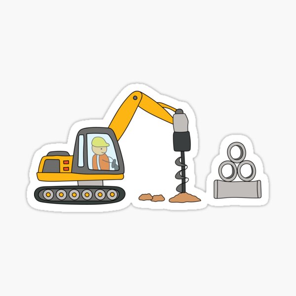 "Kids drawing construction site with drill excavator with pile of huge ...