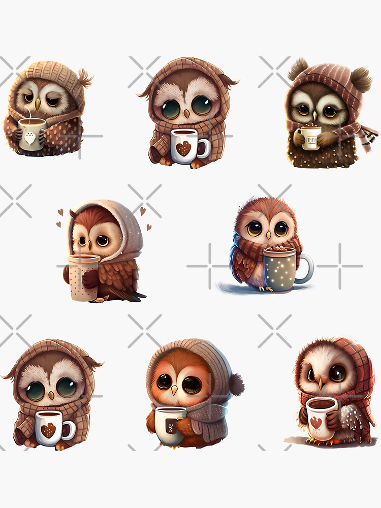 "chibi owl drinking hot chocolate pack" Sticker for Sale by CatDogBFF ...