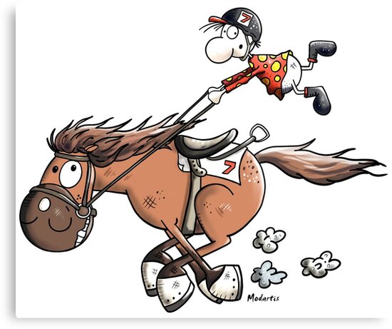 "Wütendes Rennpferd mit Jockeykarikatur" Leinwanddruck von modartis ...