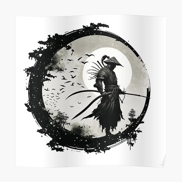 "Samurai full moon drawing" Poster for Sale by Consciousmess | Redbubble
