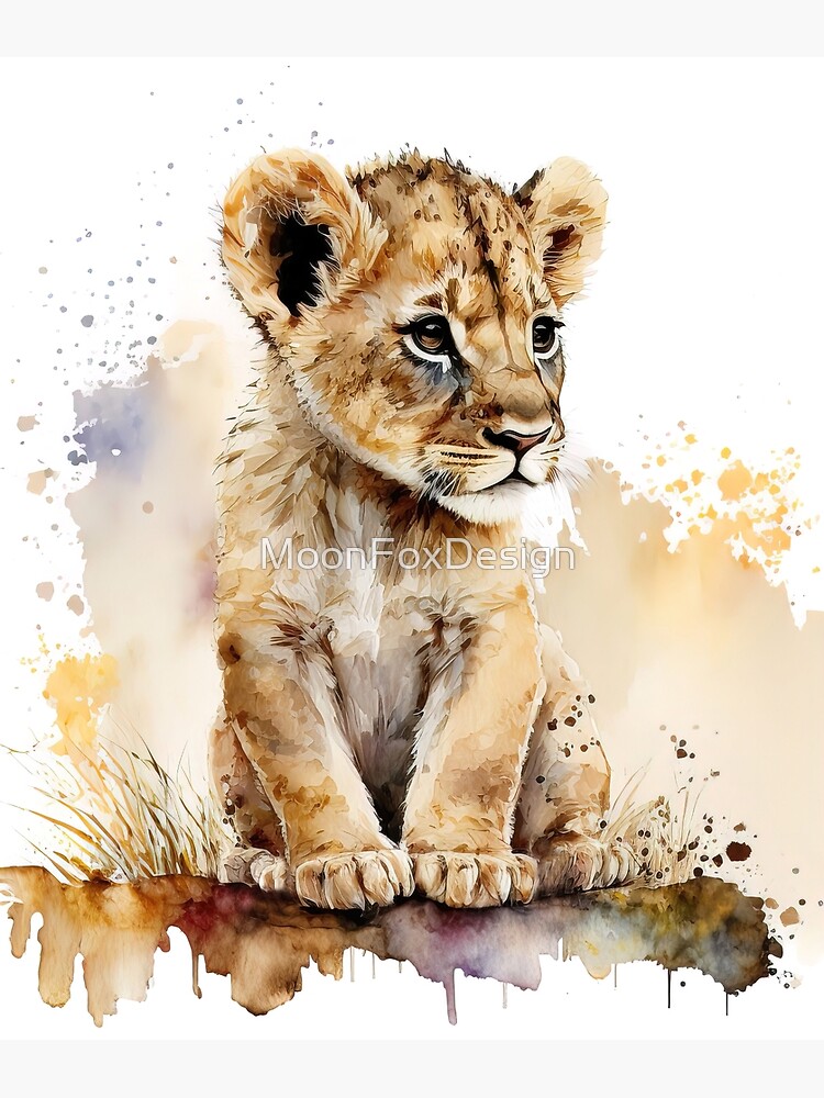 "Watercolor Cute Baby Lion Sitting on the Ground, Lion Cub" Canvas ...