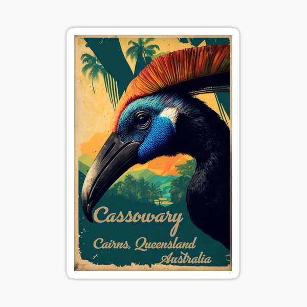 "Cairns Australia Cassowary Vintage Travel Art Poster" Sticker for Sale ...