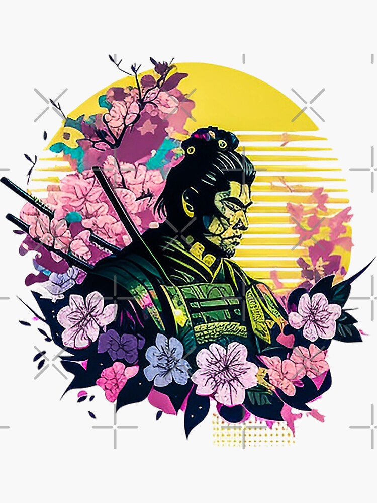 "Japanese art modernist samurai with flowers" Sticker for Sale by ...