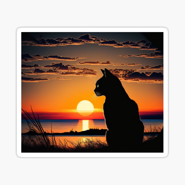 "Cat Watching Sunset Scene Digital Art" Sticker for Sale by ysfbmh ...