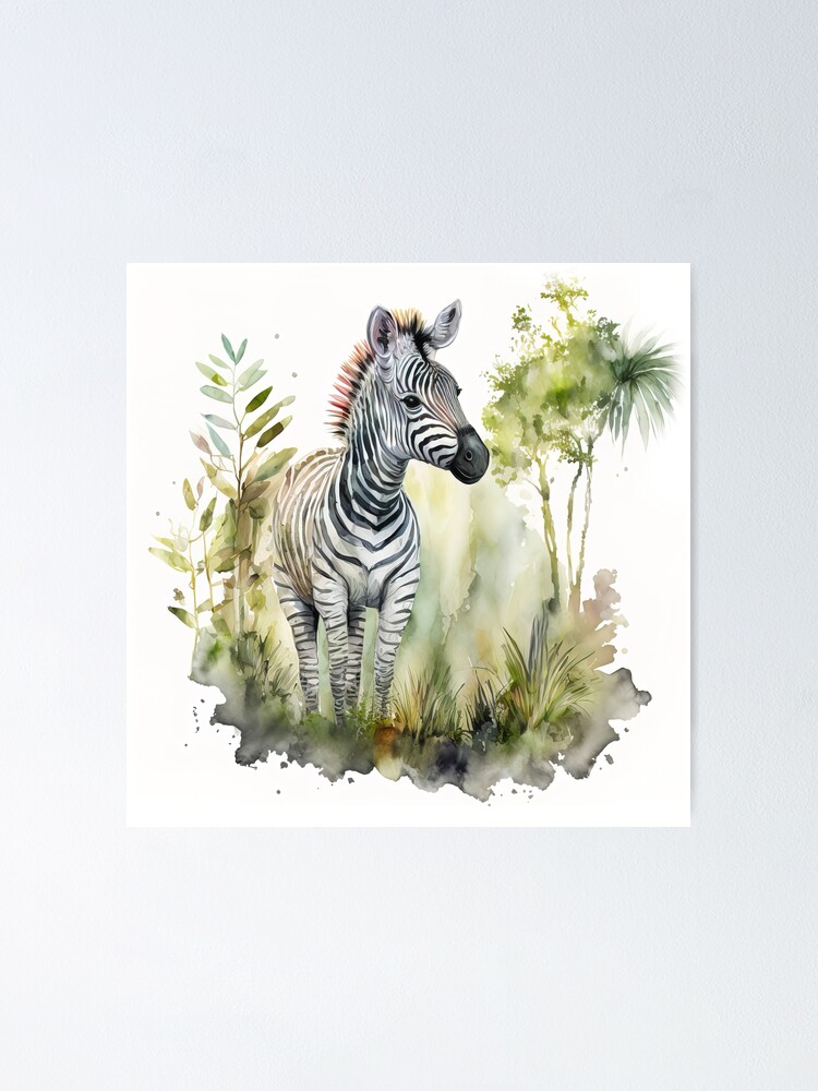 "Watercolor Cute Baby Zebra, Happy Little Zebra Colt in the Forest ...