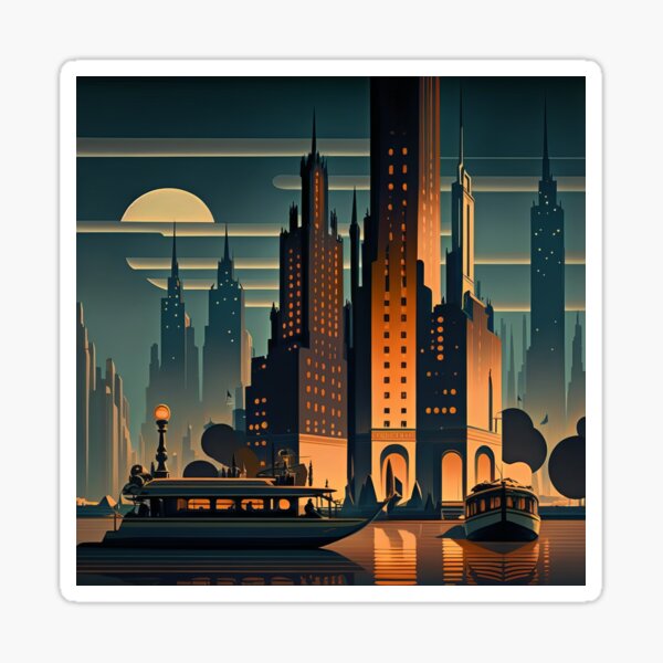 "Art Deco Style Cityscape" Sticker for Sale by TheArtfulAI | Redbubble