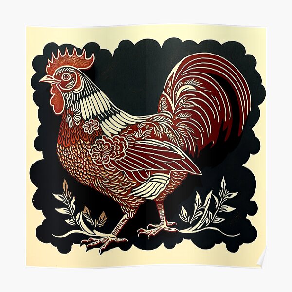 "Chicken linocut" Poster for Sale by FlatLandPrints | Redbubble