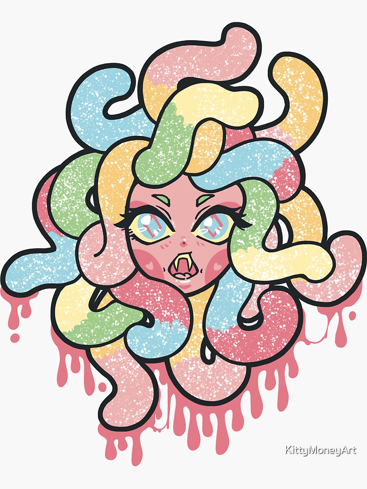 "Cartoon Chibi Medusa with Sour Gummy Worms" Sticker for Sale by ...