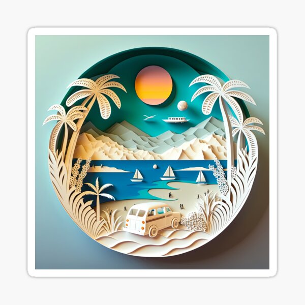 "3D Effect Papercut Art - Beach Scene" Sticker for Sale by TheArtfulAI ...