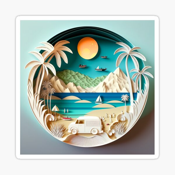 "3D Effect Papercut Art - Beach Scene" Sticker for Sale by TheArtfulAI ...