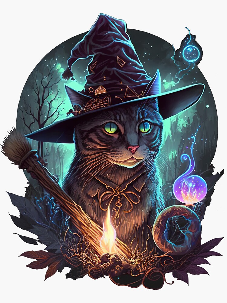 "Arcane Witch Broom Cat" Sticker for Sale by 9LivesCats | Redbubble
