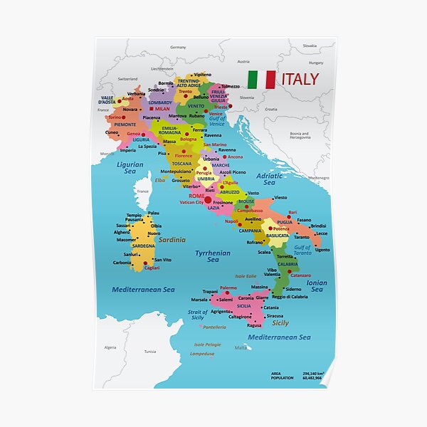 "Italy map with regions and main cities" Poster for Sale by alijun ...