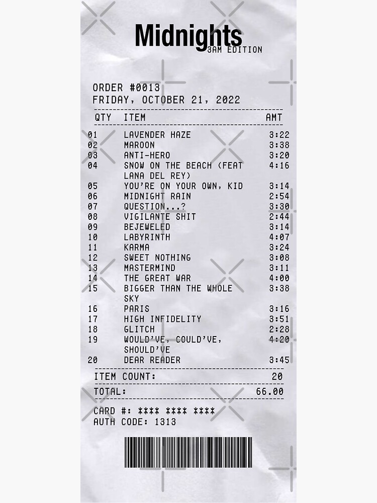 "midnights album receipt!" Sticker for Sale by theerastour | Redbubble