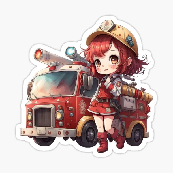 "Chibi Firefighter Girl and Her Truck" Sticker for Sale by ...