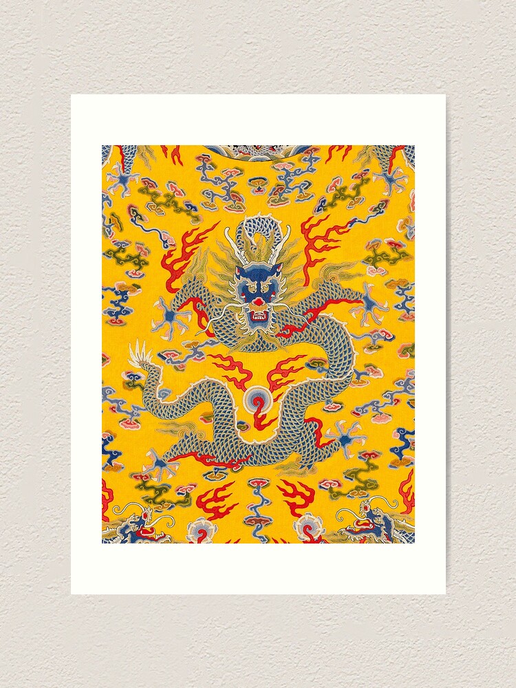 Vintage Yellow And Blue Empress Robe Chinese Dragon Embroidery Pattern