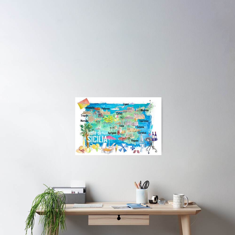 "Sicily Italy Illustrated Travel Map with Roads and Tourist Highlights ...