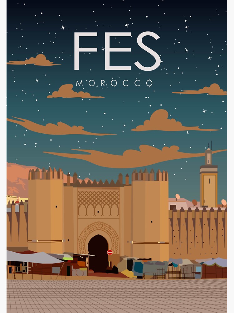 "Fes Morocco Vintage Minimal Retro Travel Poster at Night" Sticker for ...