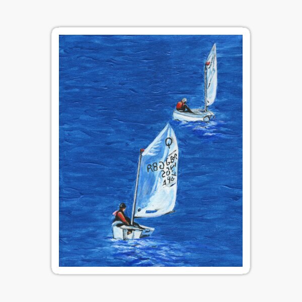 "Racing Oppies: Optimist Sailing Dinghies at Trearddur Bay" Sticker for ...