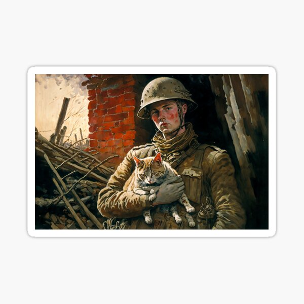 "Soldier Holding A Cat" Sticker for Sale by AIWarArt | Redbubble