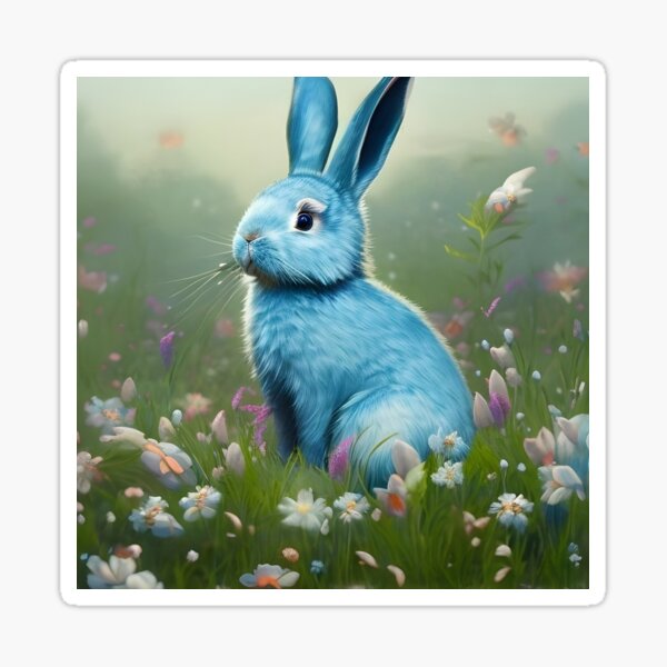 "A blue rabbit sits on a fantasy flower meadow" Sticker for Sale by ...