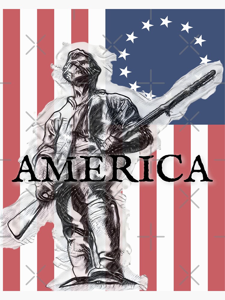 "AMERICA with Colonial Flag and Minuteman Soldier" Sticker for Sale by ...
