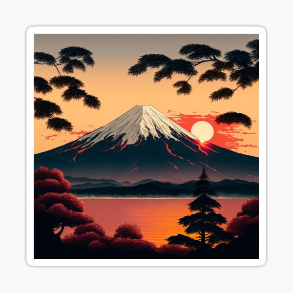 "Ukiyo-e style painting of mount fuji at sunset" Sticker for Sale by ...