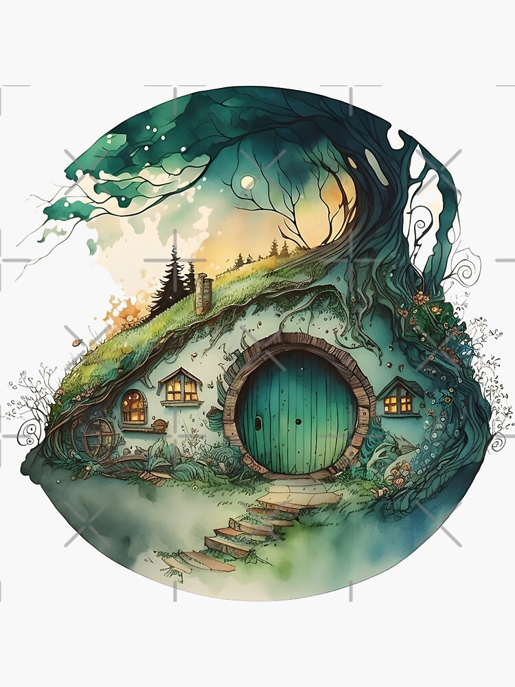 "Round Doors in Watercolor and Ink - Black - Halfling Hole - Fantasy" Sticker for Sale by flevin ...