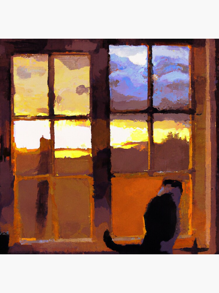 "cat looking out of a window at sunset watercolour painting" Sticker ...