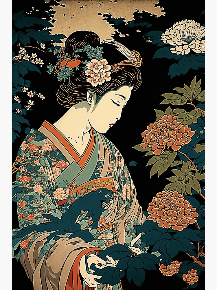 "Ukiyoe Blooms: A Traditional Japanese Woodblock Print of Flowers in ...