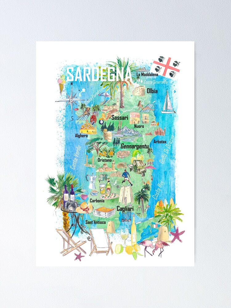 "Sardinia Illustrated Travel Map Mediterranean Adriatic Sicily Sardegna ...