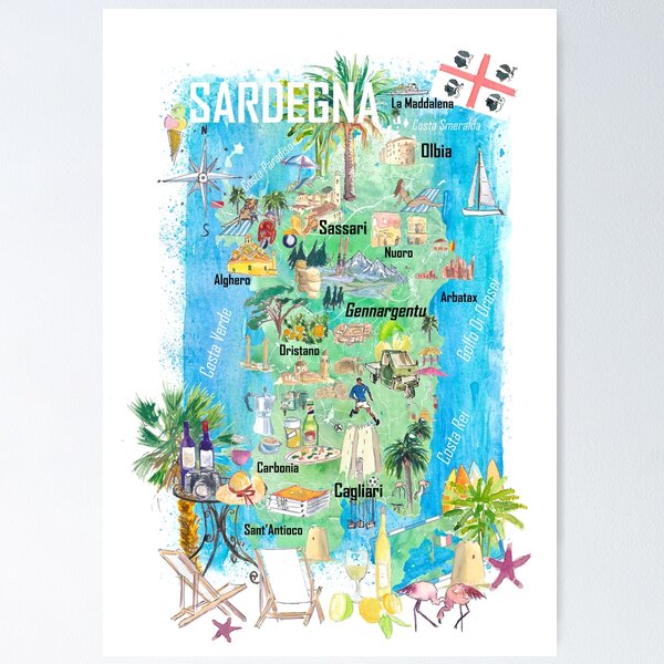 "Sardinia Illustrated Travel Map Mediterranean Adriatic Sicily Sardegna ...