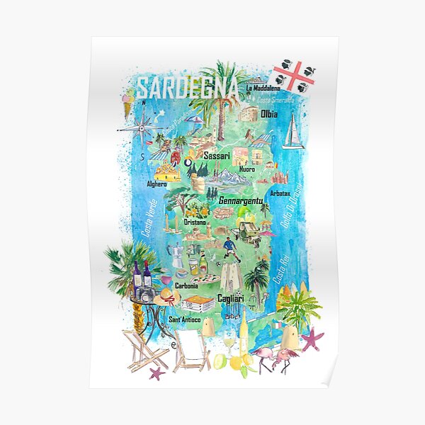 "Sardinia Illustrated Travel Map Mediterranean Adriatic Sicily Sardegna ...