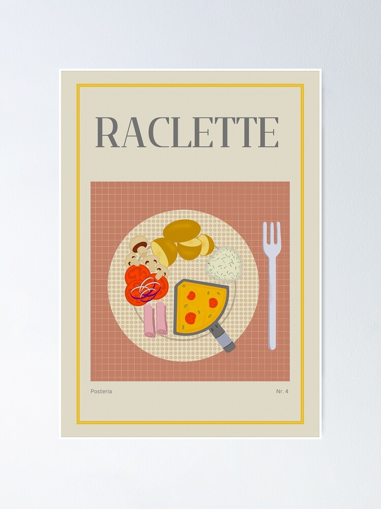 "Poster RACLETTE illustration with a pan, potatoes and tomatoes" Poster ...