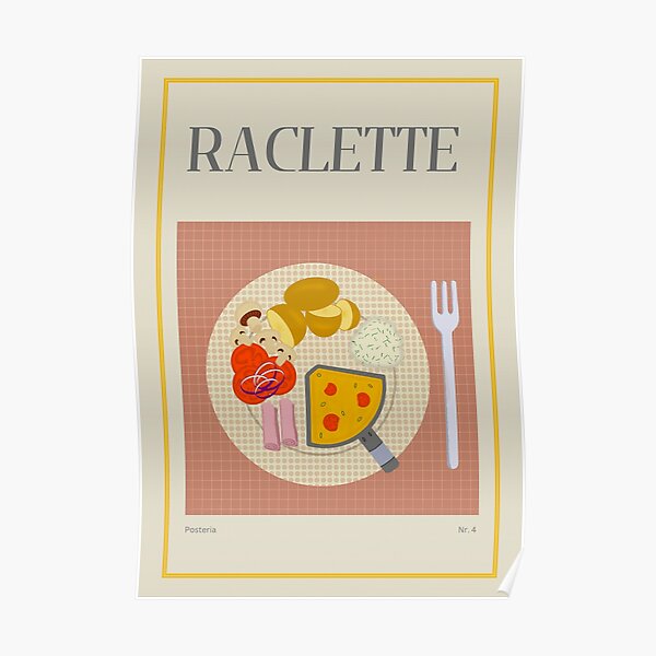 "Poster RACLETTE illustration with a pan, potatoes and tomatoes" Poster ...