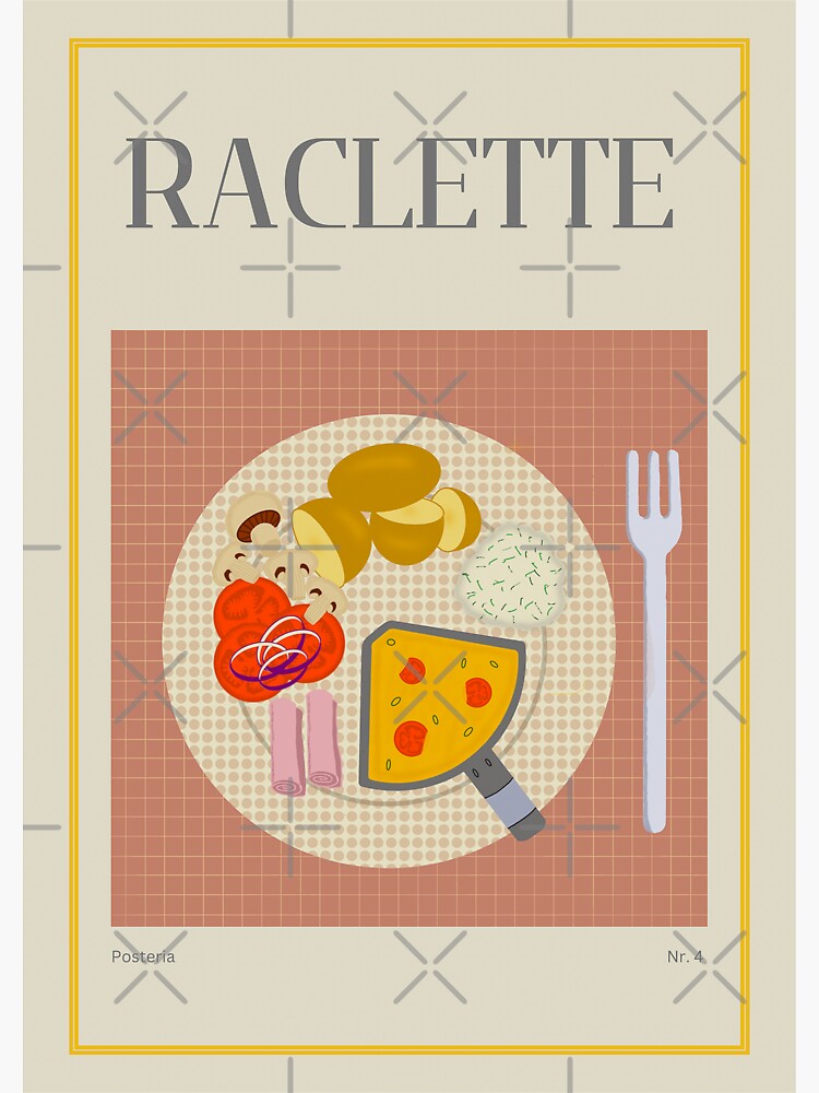 "Poster RACLETTE illustration with a pan, potatoes and tomatoes ...