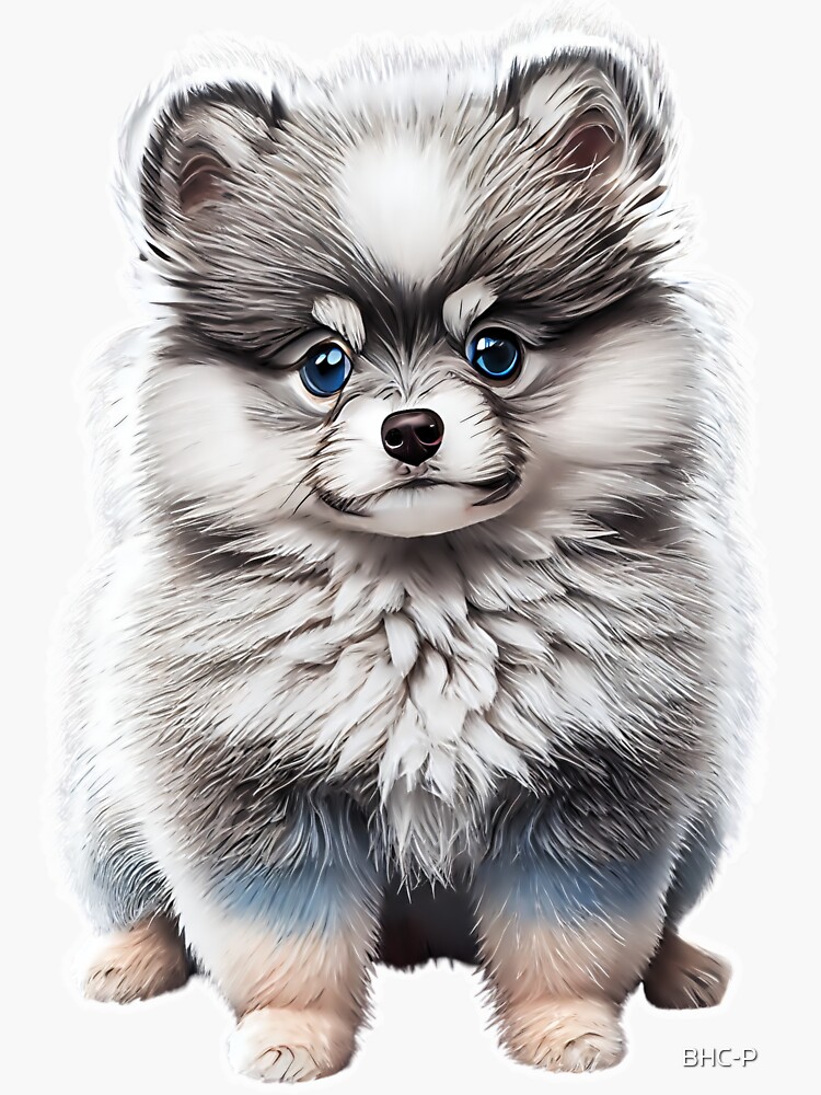 "Cute blue-eyed pomsky puppy digital art drawing for printables ...