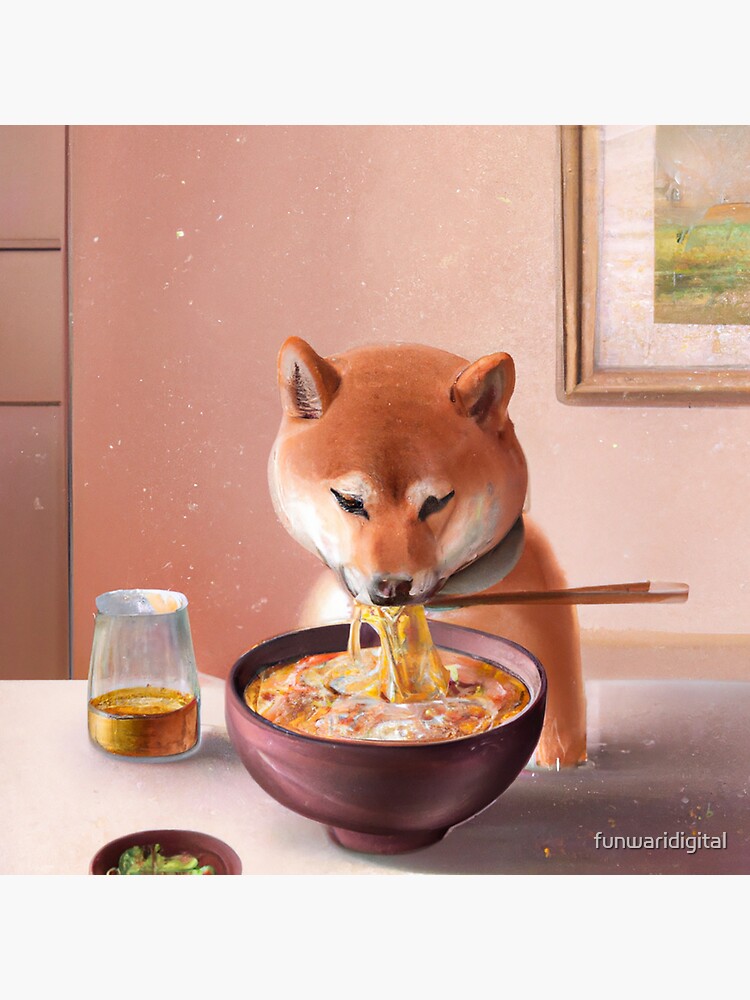 "Shiba inu eating a bowl of noodles, pastel oil painting" Sticker for ...