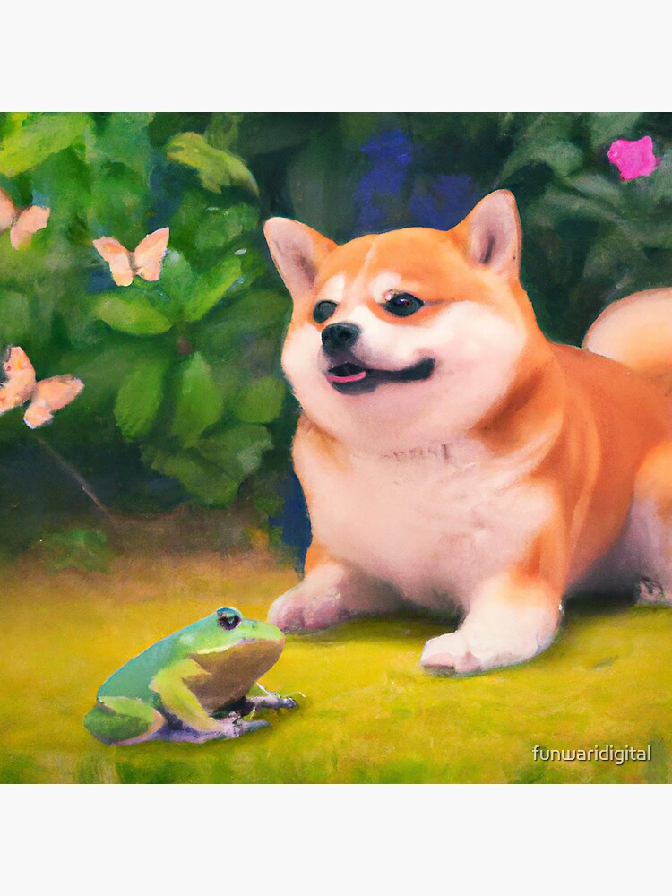 "Cute shiba inu playing with a frog and butterflies, oil painting ...
