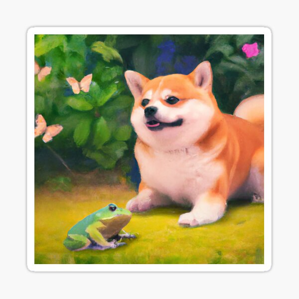 "Cute shiba inu playing with a frog and butterflies, oil painting ...