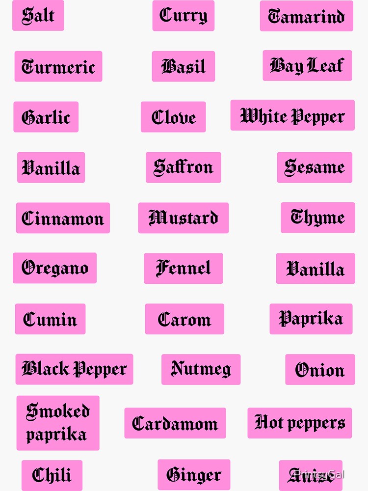 "Gothic letter spice labels for kitchen in pink for bimbos" Sticker for ...