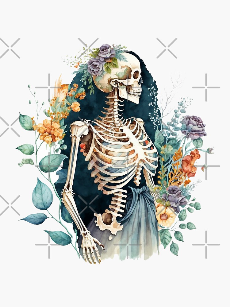 "Watercolor Illustration of Human Skeleton decorated with flowers ...