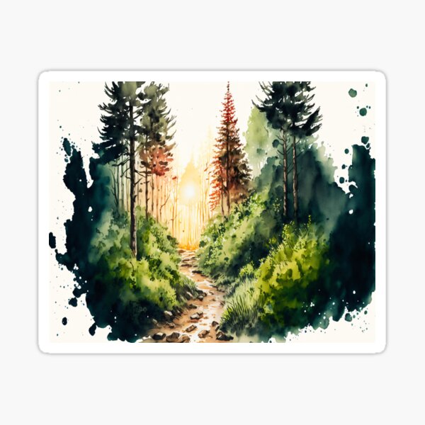 "Watercolor Forest Landscape Printable. Green Forest Trees" Sticker for ...