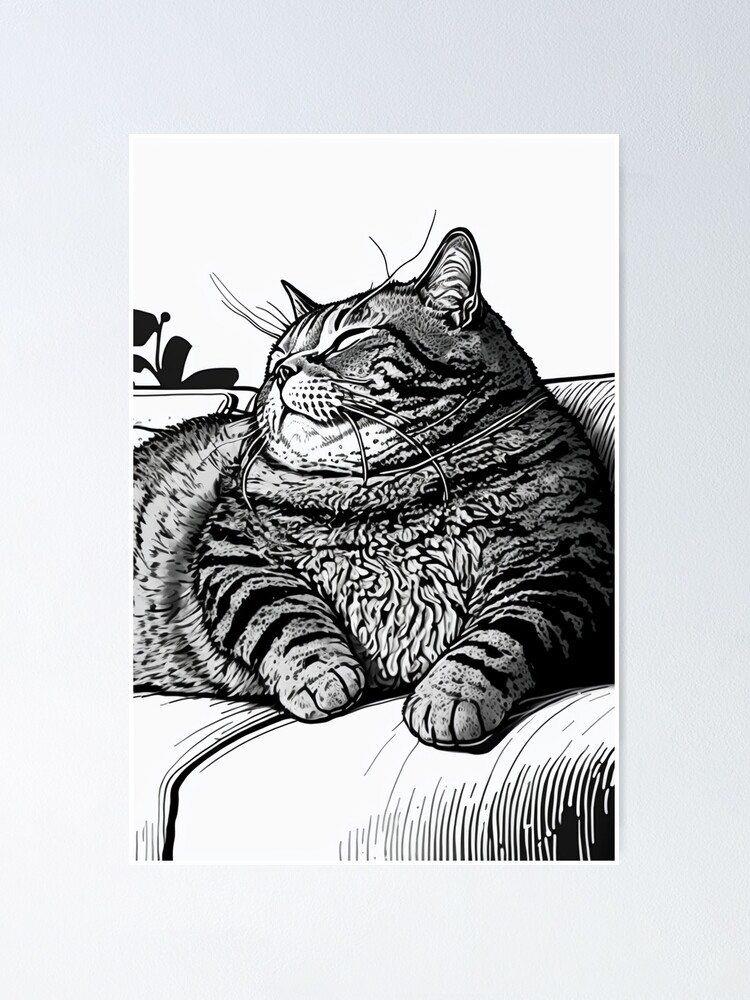 "Fat Cat Lounging on the Couch, Black and White" Poster for Sale by ...