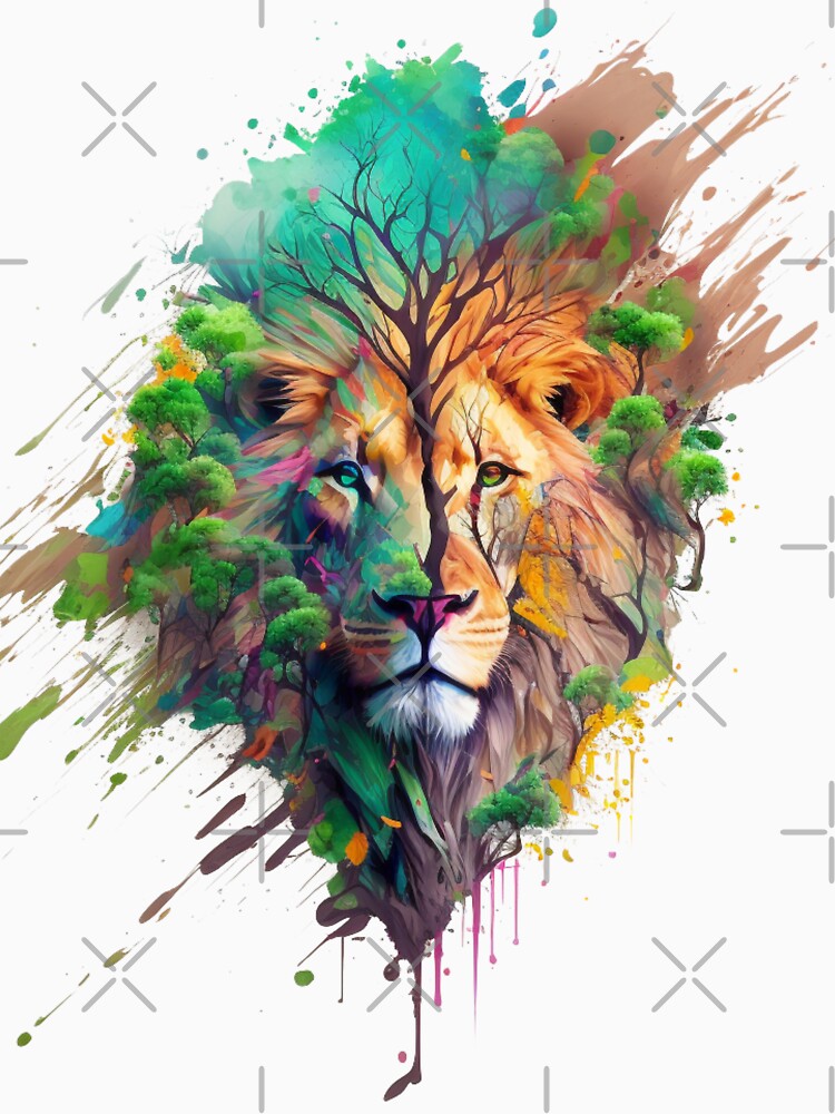 "Colorful Lion Dripping in Paint with a Tree Design, AI Generated" T ...